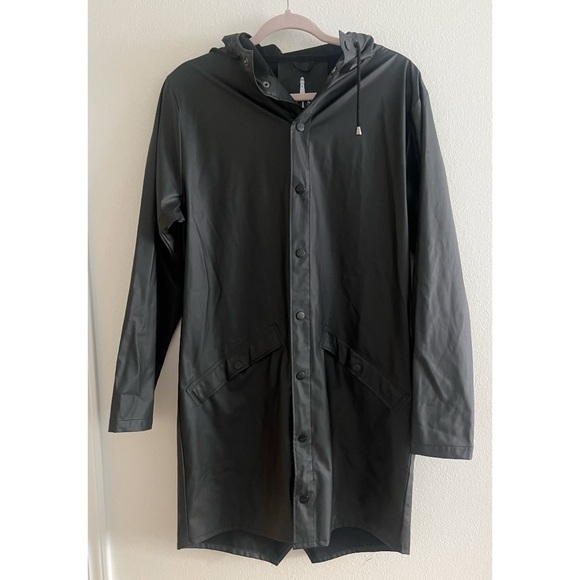 Rains | Jackets & Coats | Rains Black Hooded Snap Button Down Fishtail ...